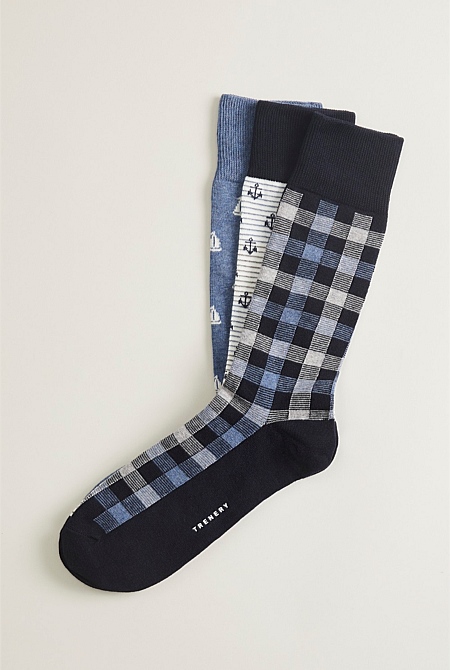 Navy Nautical Crew Sock 3 Pack - MEN Socks | Trenery