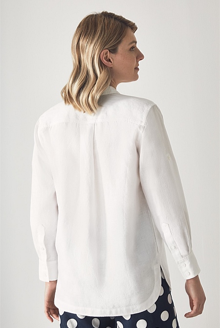 White Linen Tab Sleeve Shirt - WOMEN Shirts | Trenery
