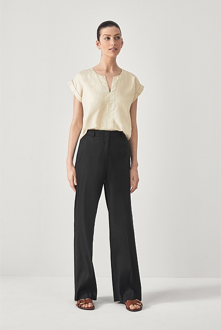 Gold Metallic Linen Vent Neck Top - WOMEN Shirts | Trenery