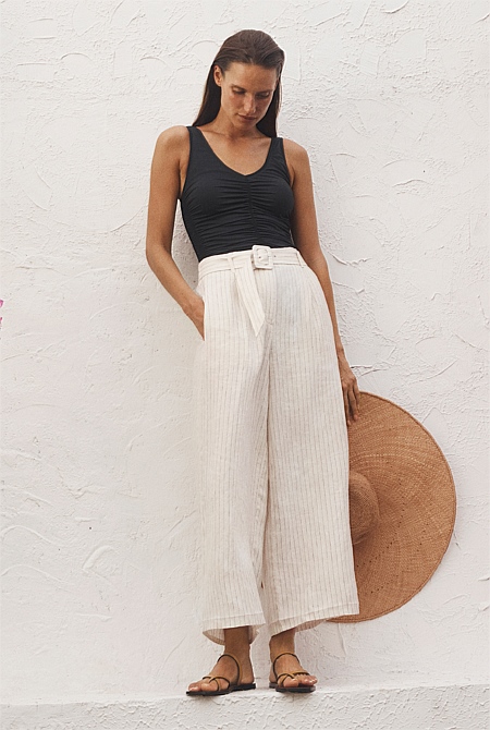 Parchment Linen Pinstripe Belted Crop Pant - WOMEN Pants | Trenery