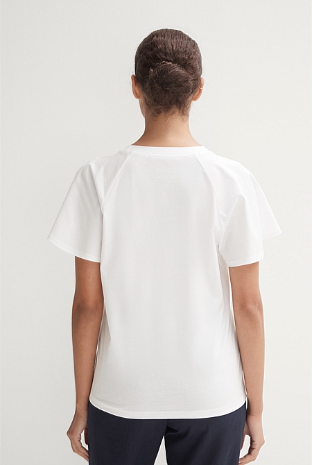 White Cotton Interlock Raglan T-shirt - WOMEN T-Shirts & Tops | Trenery