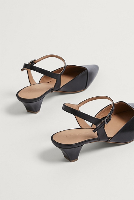 Black Leather Point Mid Heel - WOMEN Shoes | Trenery