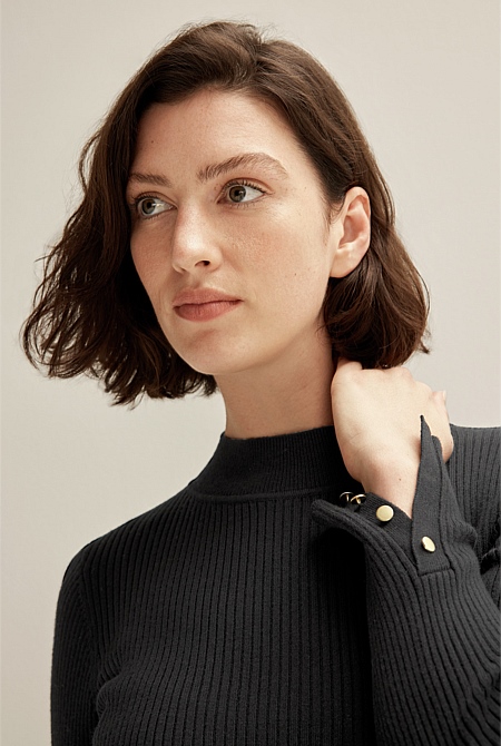 Black Rib Mock Neck Knit - WOMEN Knitwear | Trenery