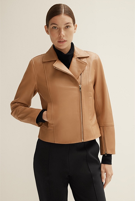 Camel Leather Biker Jacket - WOMEN Jackets & Coats | Trenery