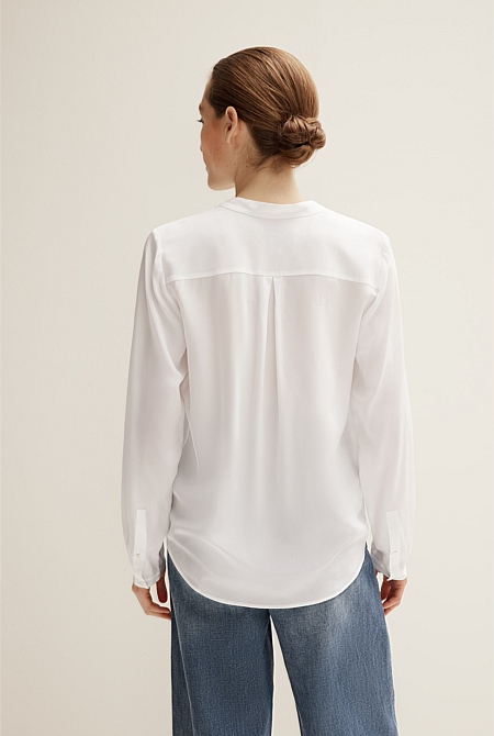 White Silk Half Placket Blouse - WOMEN Shirts | Trenery