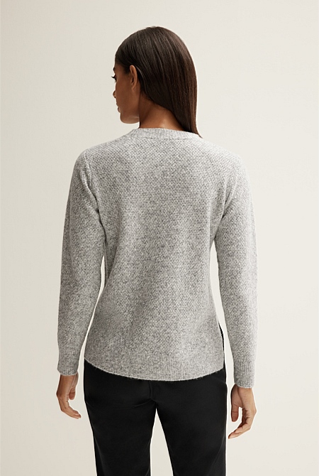 Light Grey Melange Crew Neck Stitch Knit - WOMEN Knitwear | Trenery