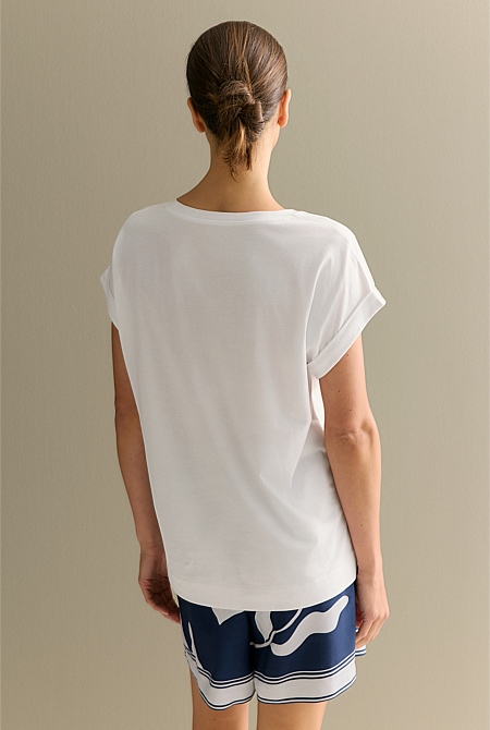 White Pima Cotton Cuff Sleeve T-shirt - WOMEN T-Shirts & Tops | Trenery