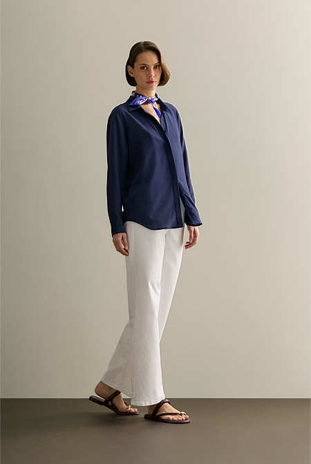 Navy Silk Concealed Placket Shirt - WOMEN Shirts | Trenery