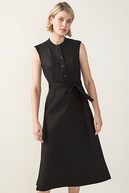 Black Stretch Linen Half Placket Dress - WOMEN Dresses | Trenery