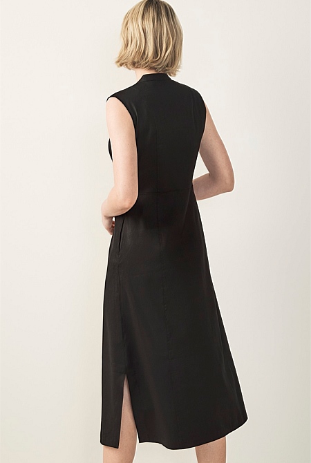 Black Stretch Linen Half Placket Dress - WOMEN Dresses | Trenery