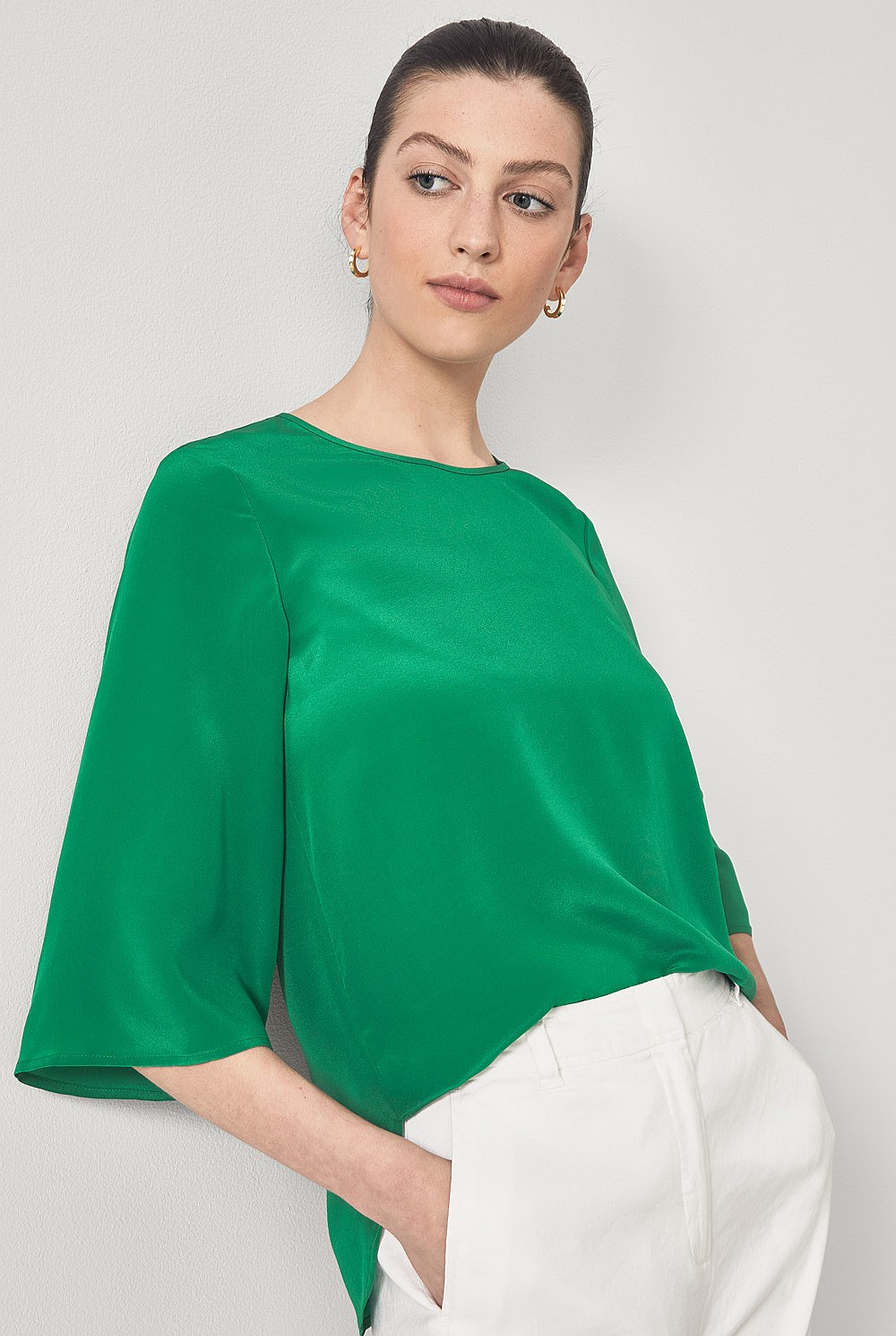 Amazon Green Silk Flared Sleeve Top - WOMEN Shirts | Trenery