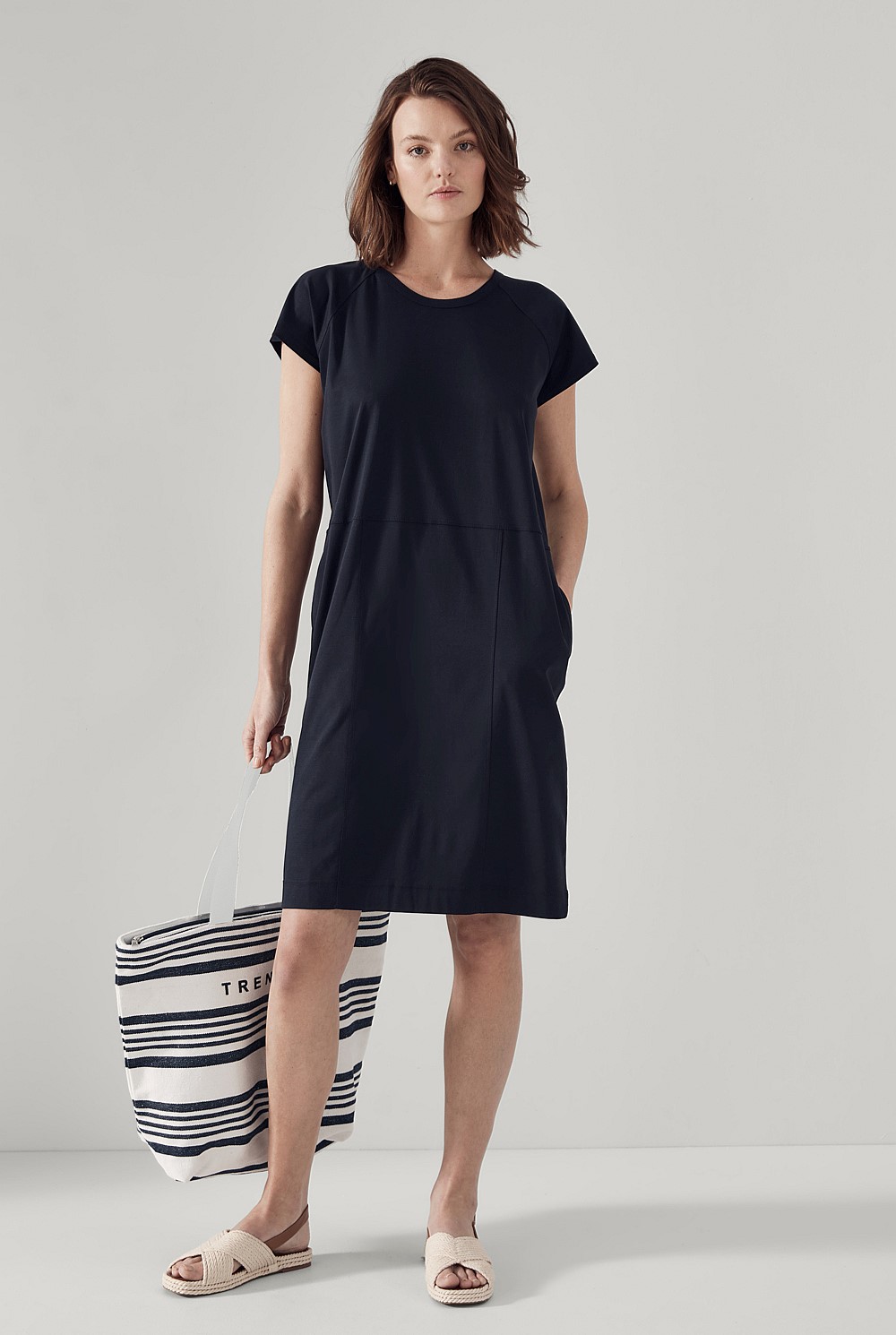 Night Sky Cotton Interlock Panel Detail Dress - WOMEN Dresses | Trenery