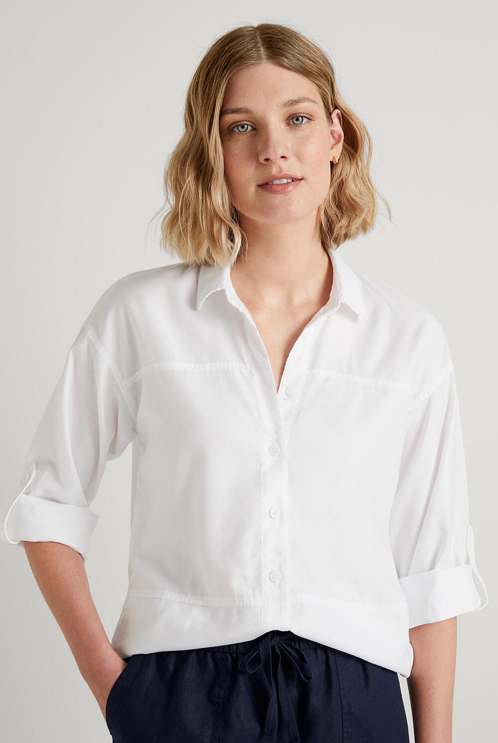 White Cotton Modal Longline Shirt - WOMEN Shirts | Trenery