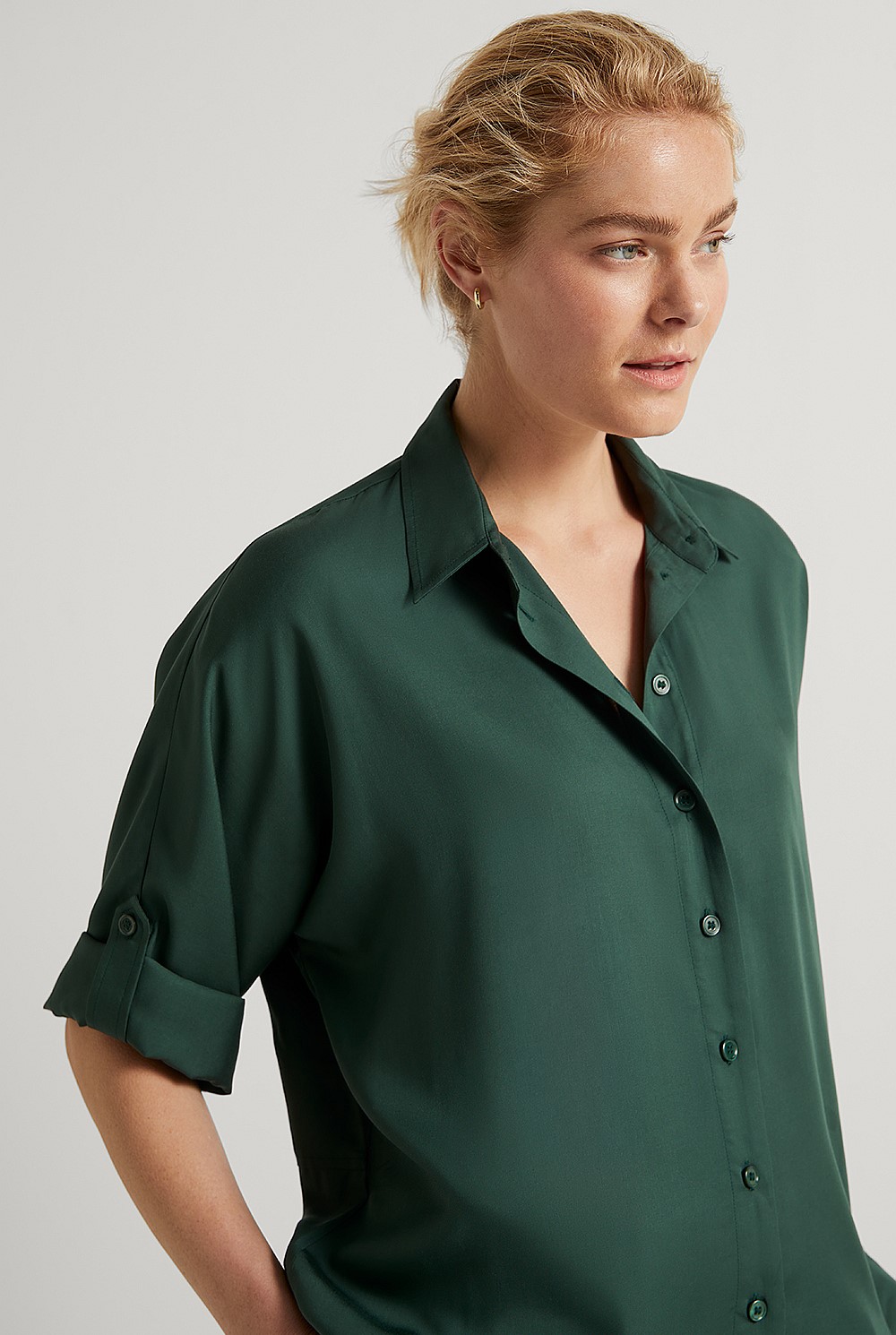 Vine Green Relaxed Tab Sleeve Shirt - WOMEN Shirts | Trenery