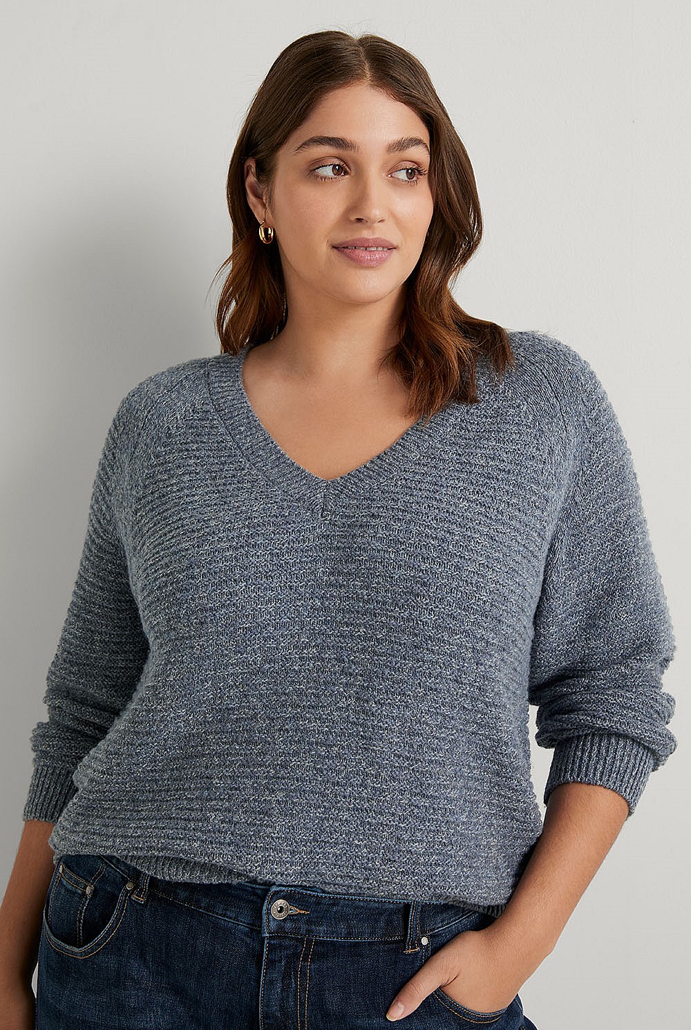 Blue Grey Cotton Blend Textured V Neck Pullover - WOMEN Knitwear | Trenery