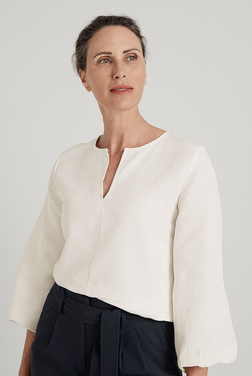 White Gathered Sleeve Vent Neck Top - WOMEN Shirts | Trenery