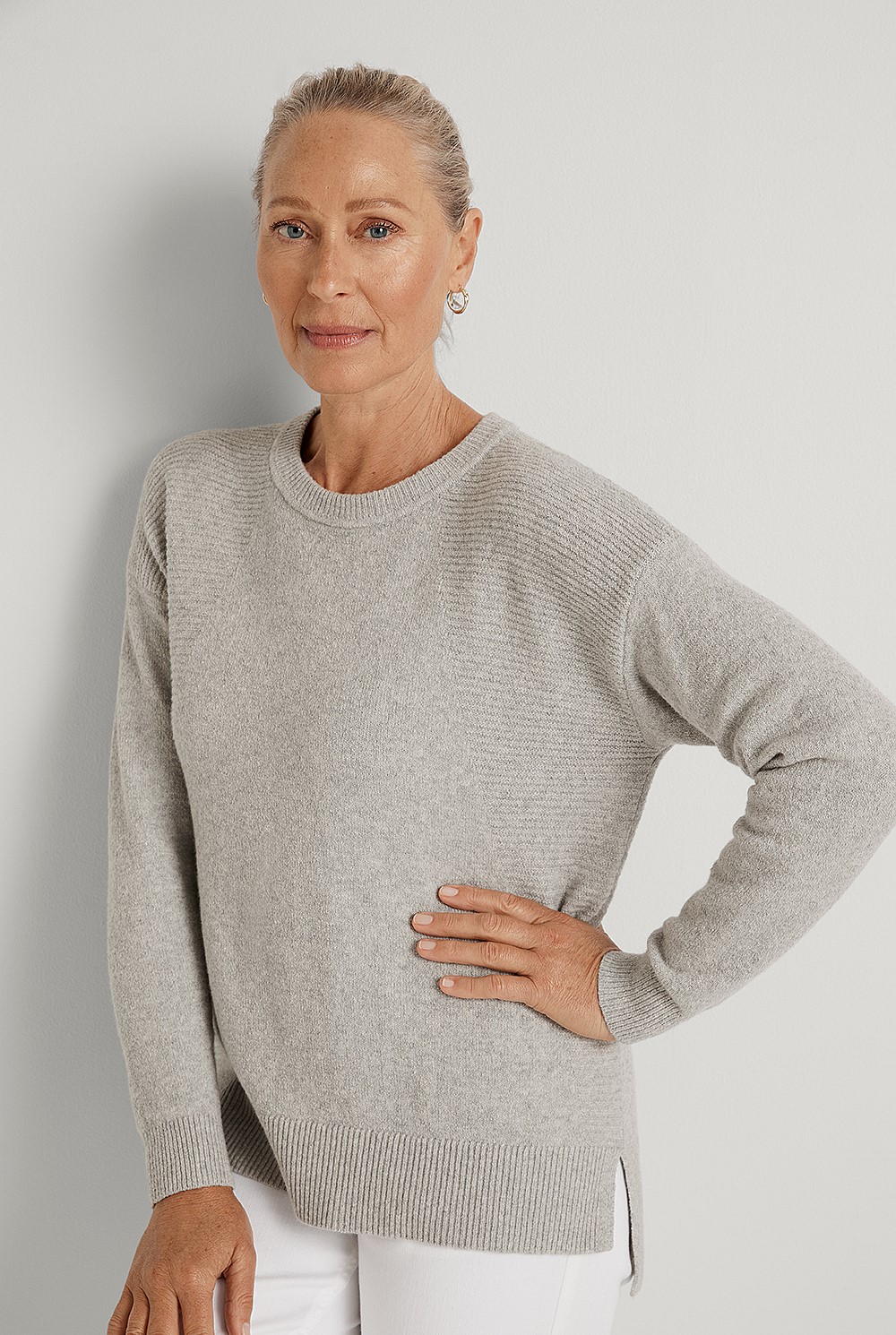 Light Grey Melange Crew Neck Stitch Detail Pullover - WOMEN Knitwear ...