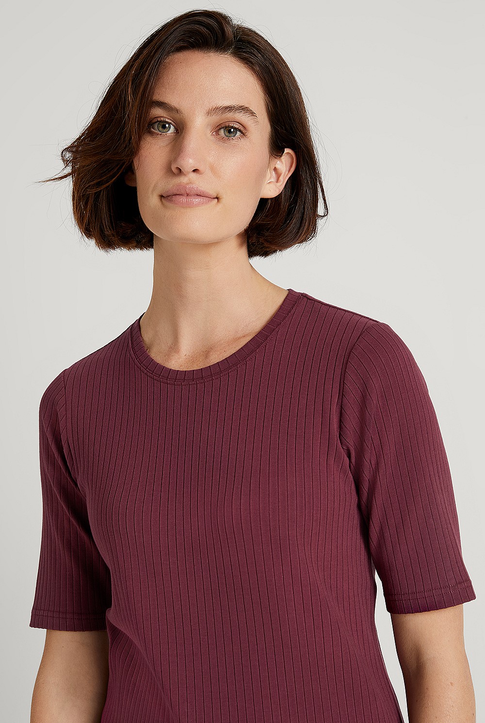 Burgundy Stretch Cotton Rib Half Sleeve T-shirt - WOMEN T-Shirts & Tops ...