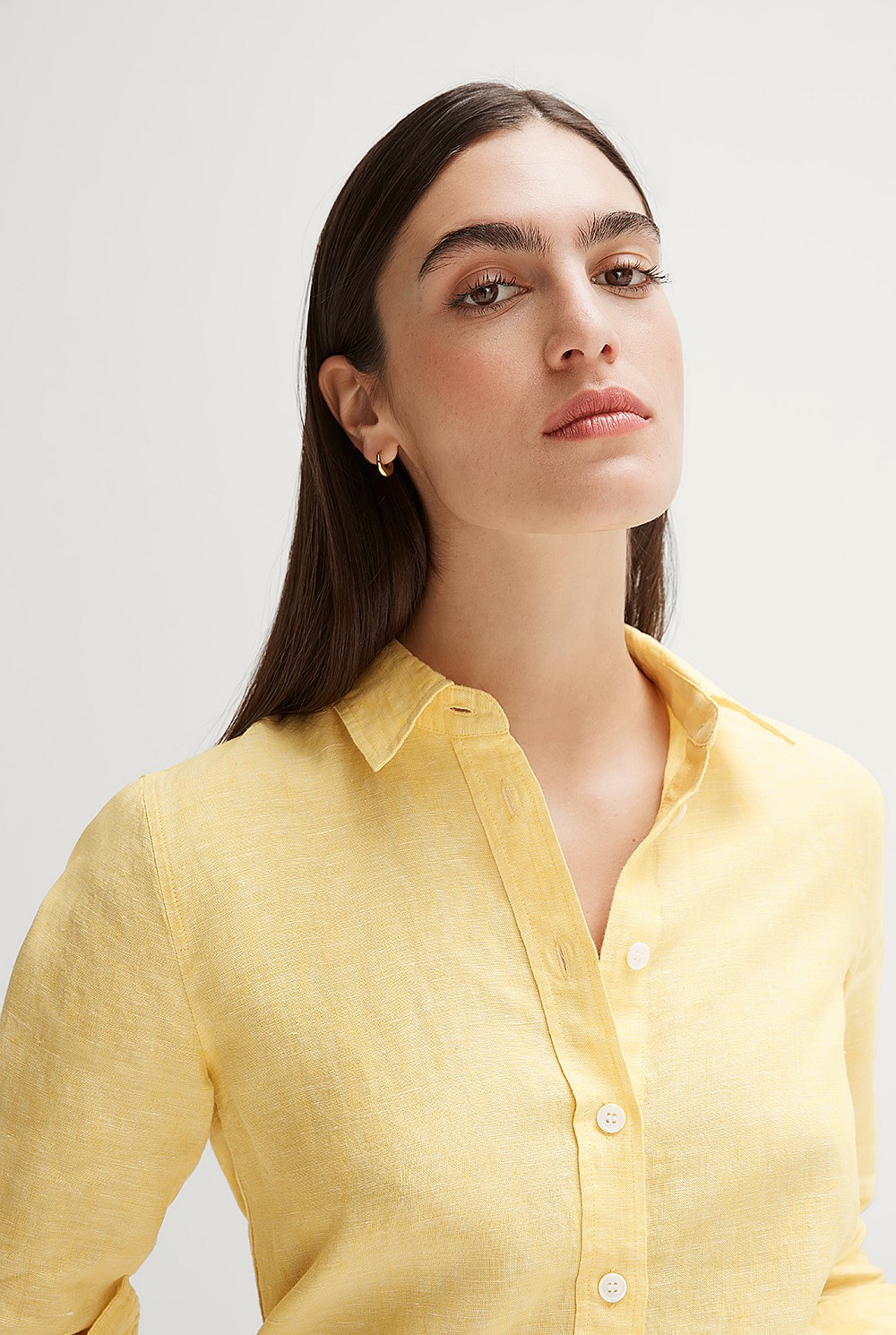 Yellow Linen Yarn Dyed Classic Shirt - WOMEN Shirts | Trenery