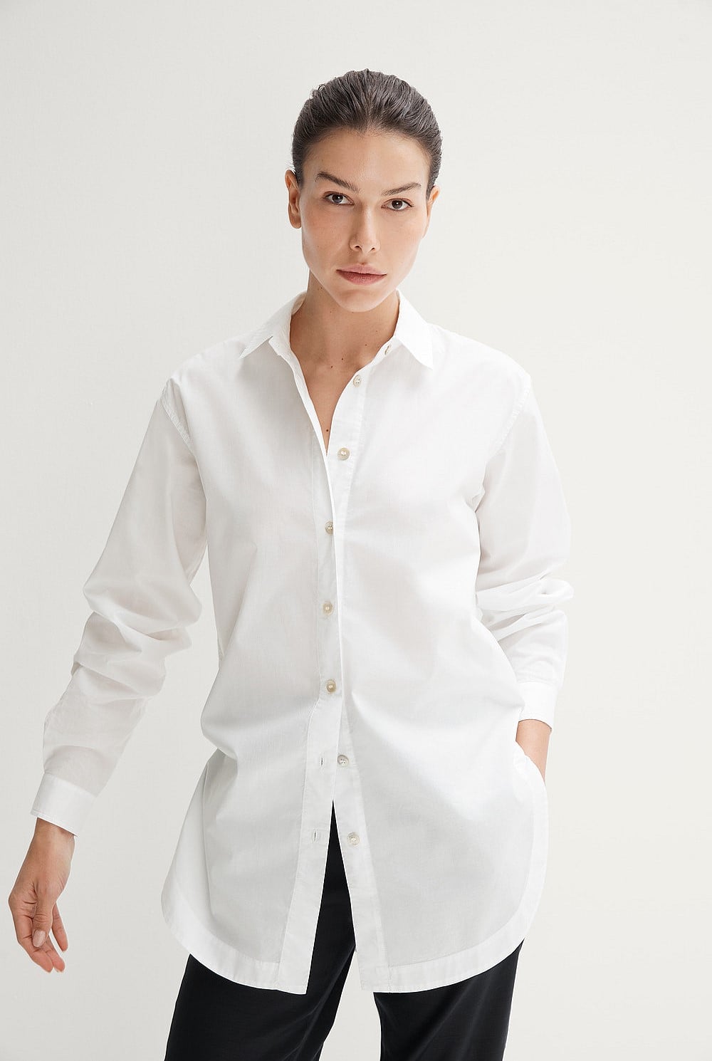White Cotton Longline Shirt - WOMEN Shirts | Trenery