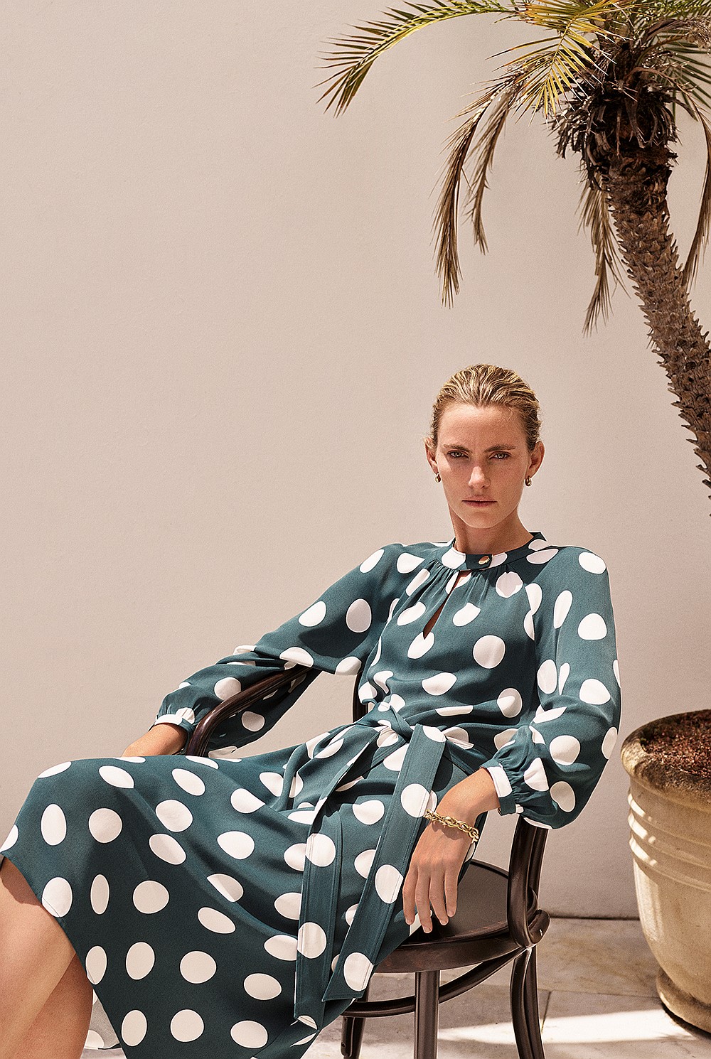 Bottle Green Spot Vent Neck Midi Dress - WOMEN Dresses | Trenery