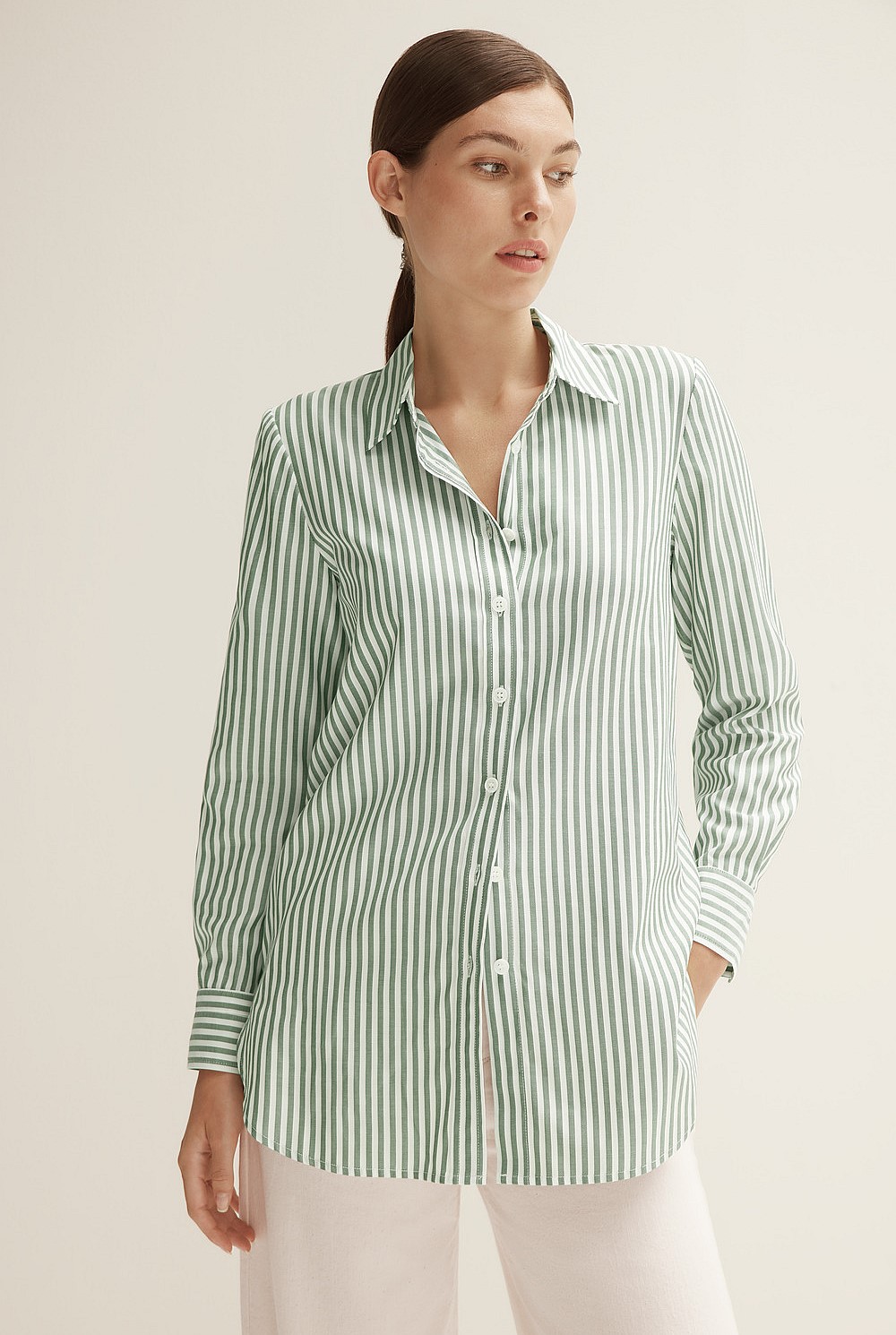 Woodland Green Cotton Modal Stripe Longline Shirt - WOMEN Shirts | Trenery