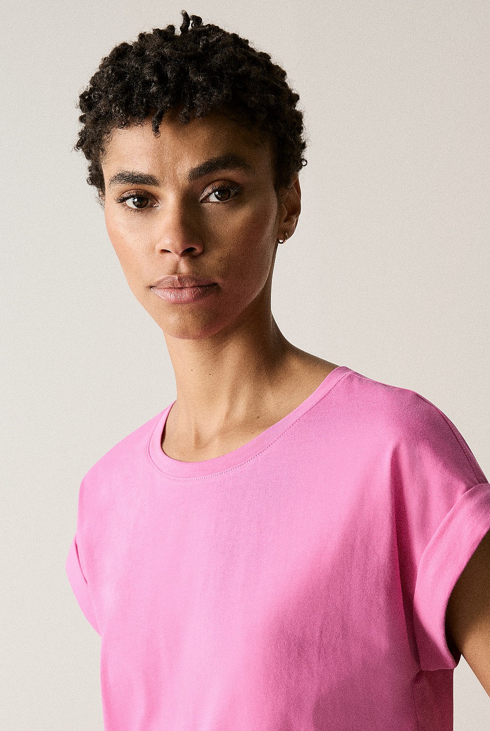 Brilliant Pink Pima Cotton Cuff Sleeve T-Shirt - WOMEN T-Shirts & Tops ...