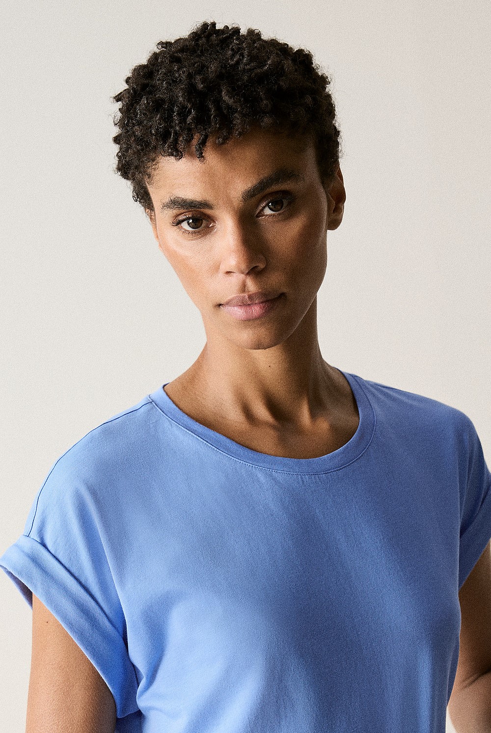 Cornflower Blue Pima Cotton Cuff Sleeve T-Shirt - WOMEN T-Shirts & Tops ...