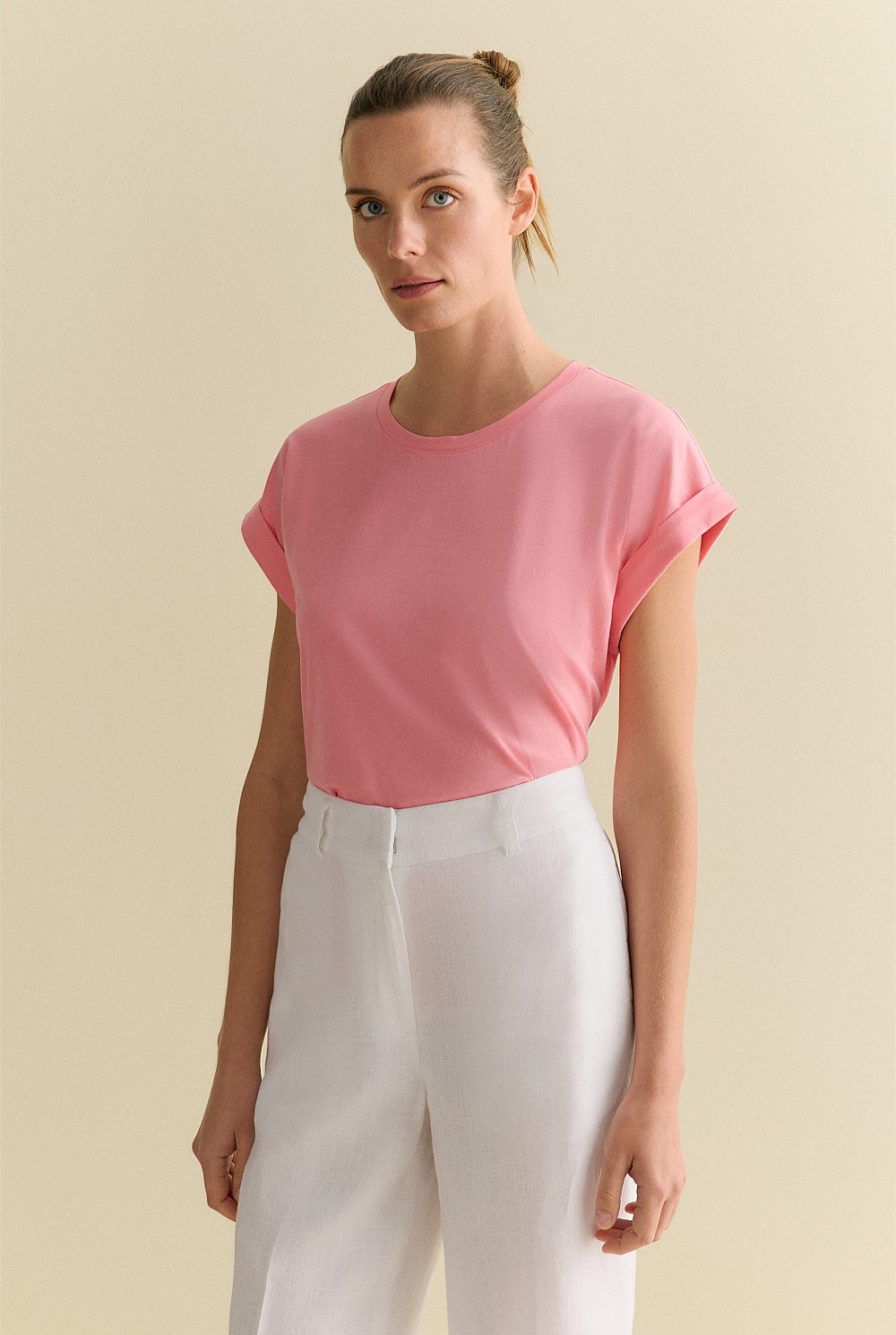 Pink Grenadine Pima Cotton Cuff Sleeve T-shirt - WOMEN T-Shirts & Tops ...