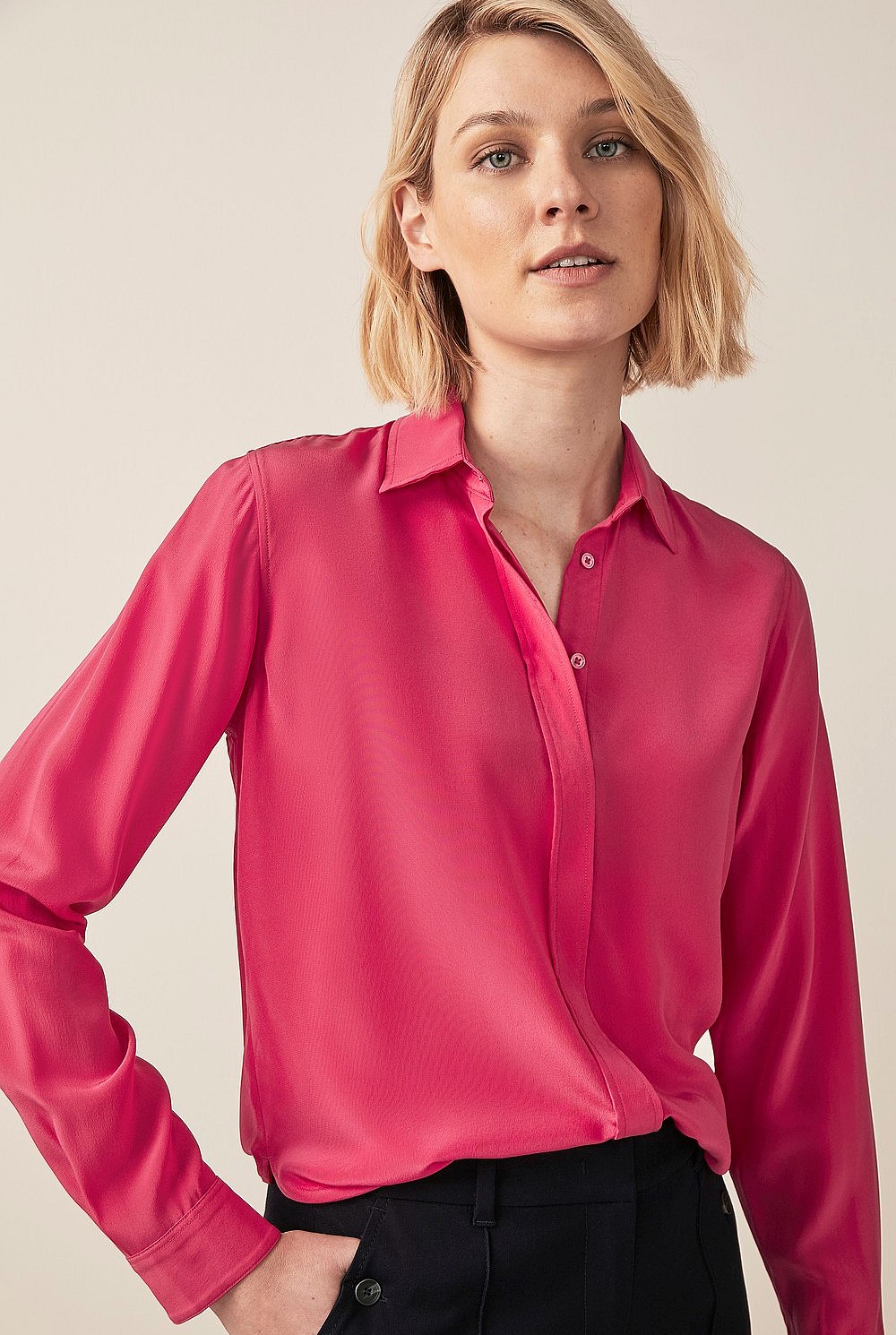 Dahlia Pink Silk Button Front Shirt - WOMEN Shirts | Trenery