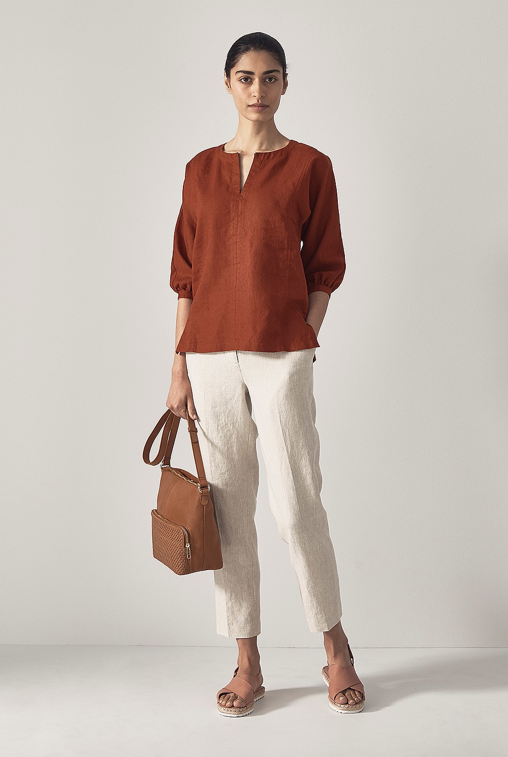 Cinnamon Linen Vent Neck Top - WOMEN Shirts | Trenery