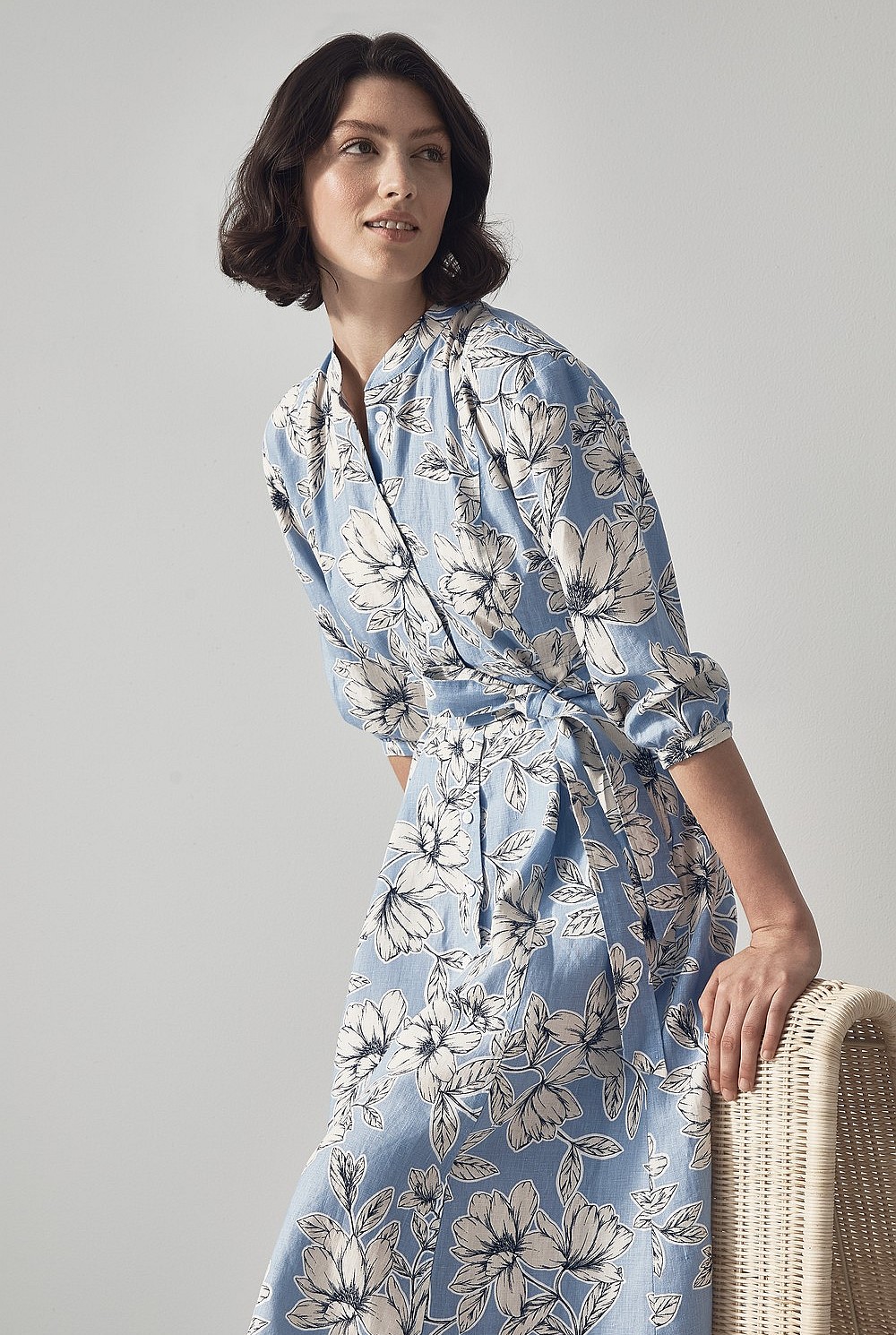 Chambray Blue Linen Spring Floral Shirt Dress - WOMEN Dresses | Trenery