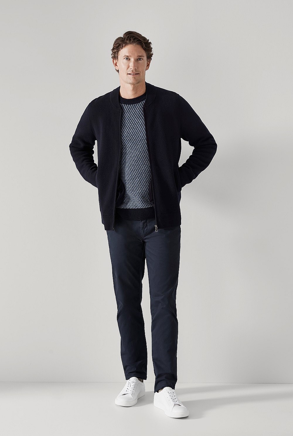 Navy Wool Cashmere Textured Pullover - MEN Knitwear | Trenery