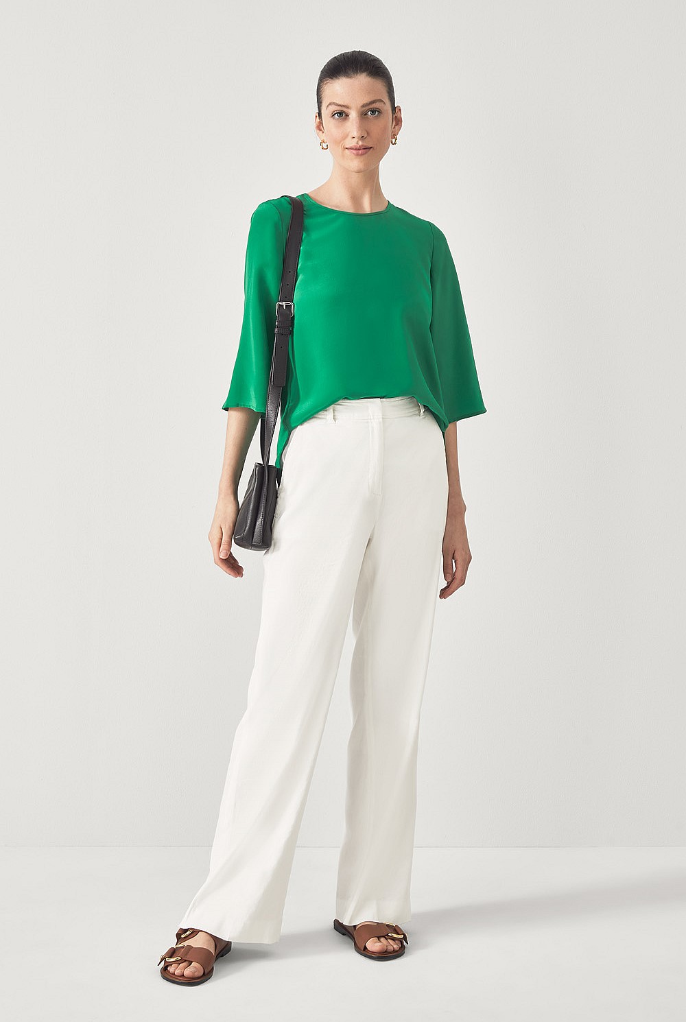 Amazon Green Silk Flared Sleeve Top - WOMEN Shirts | Trenery