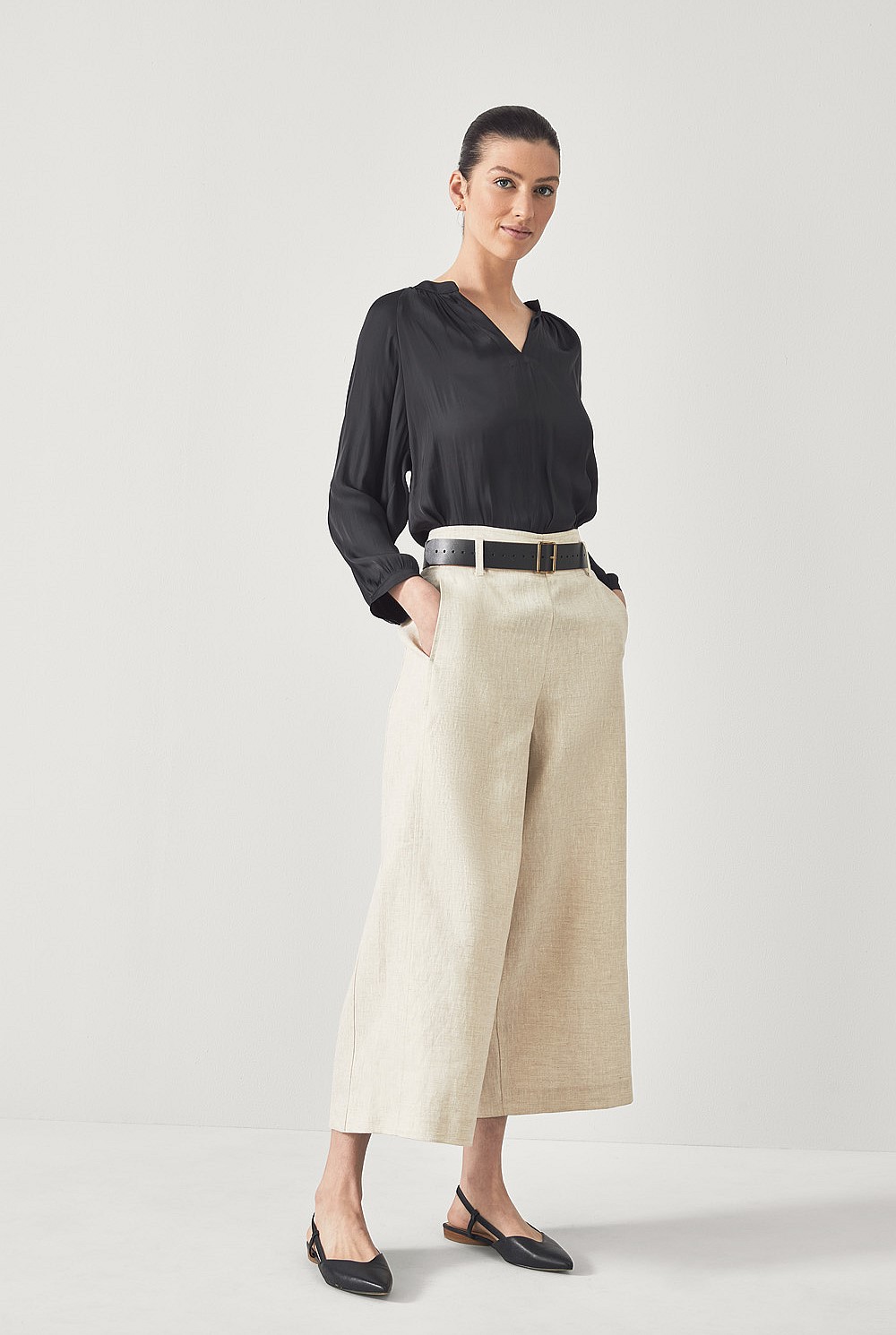 Black Raglan Sleeve Vent Neck Blouse - WOMEN Shirts | Trenery
