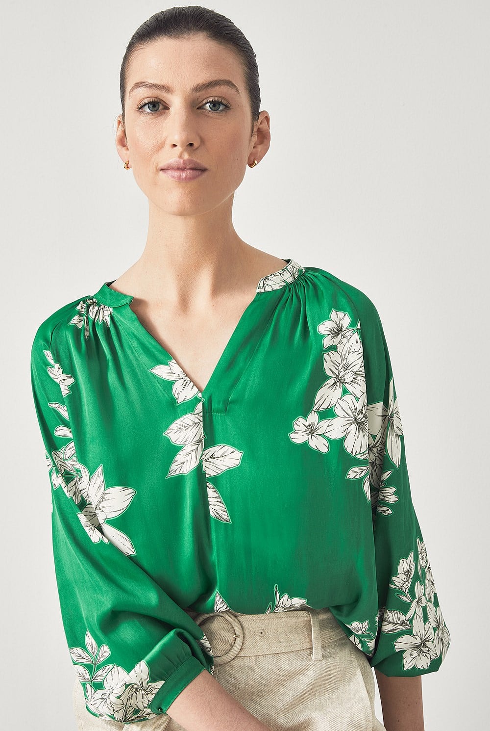 Amazon Green Summer Botanical Vent Neck Blouse - WOMEN Shirts | Trenery