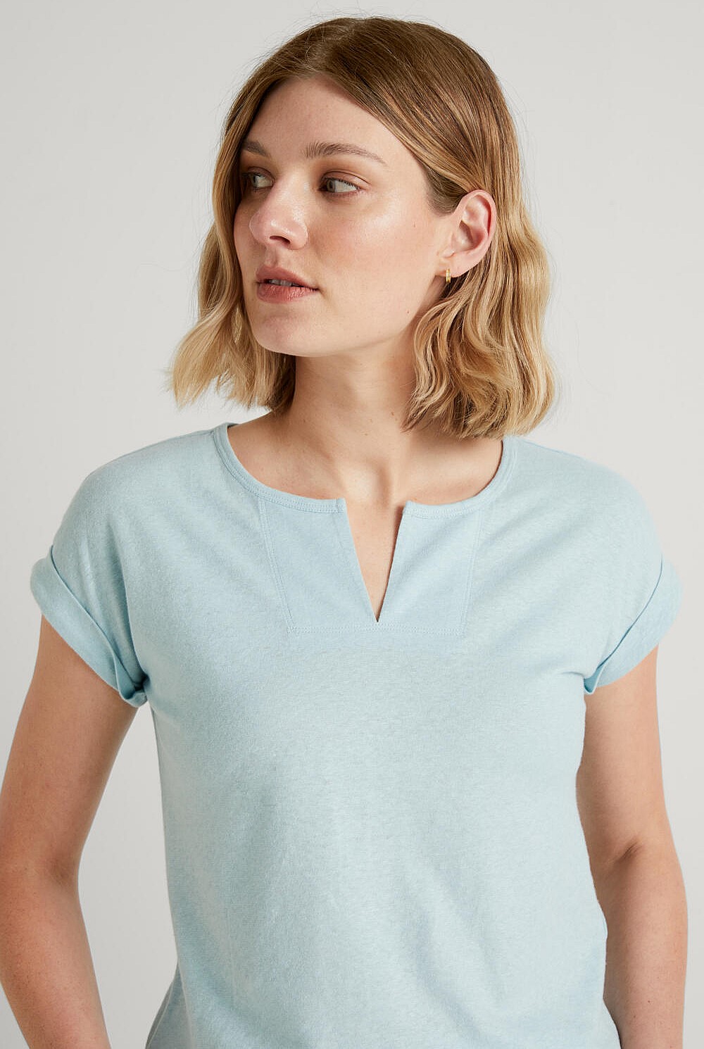 Duck Egg Blue Linen Cotton Vent Neck T-shirt - WOMEN T-Shirts & Tops ...