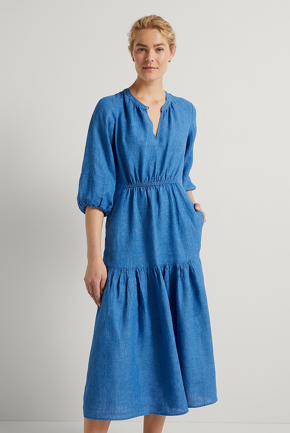 Delft Blue Linen Delave Boho Tiered Dress - WOMEN Dresses | Trenery