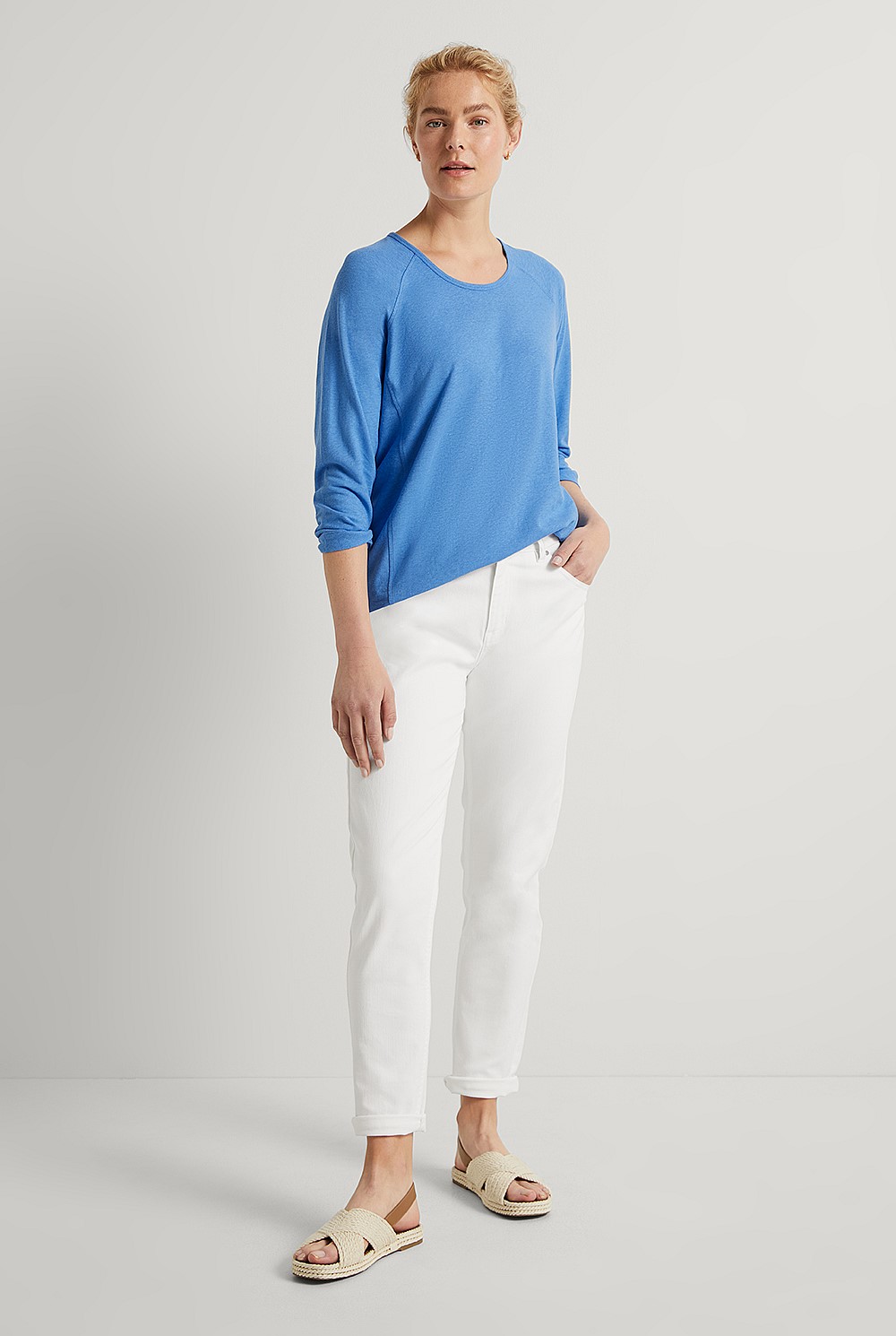 Delft Blue Linen Cotton Dolman Sleeve T-shirt - WOMEN T-Shirts & Tops ...