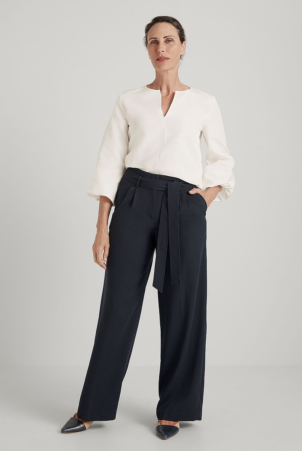 White Gathered Sleeve Vent Neck Top - WOMEN Shirts | Trenery