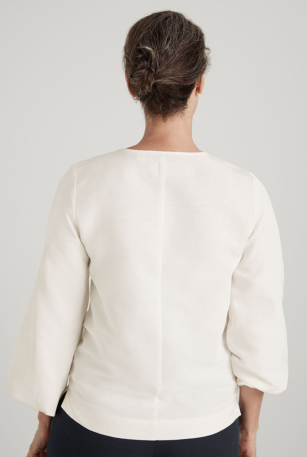 White Gathered Sleeve Vent Neck Top - WOMEN Shirts | Trenery