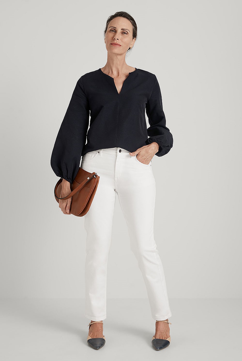 Night Sky Gathered Sleeve Vent Neck Top - WOMEN Shirts | Trenery