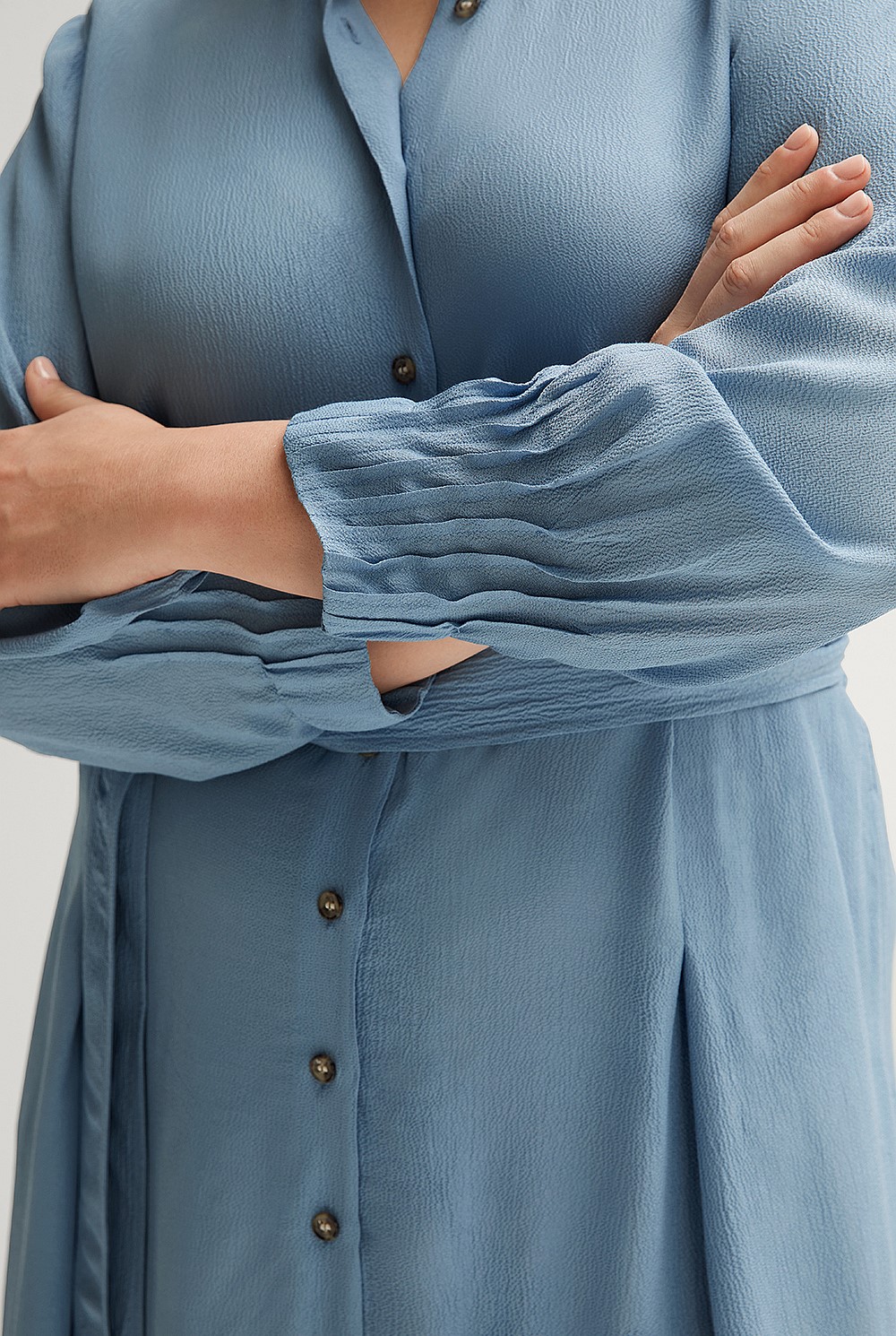Chambray Blue Crinkle Shirt Dress - WOMEN Dresses | Trenery