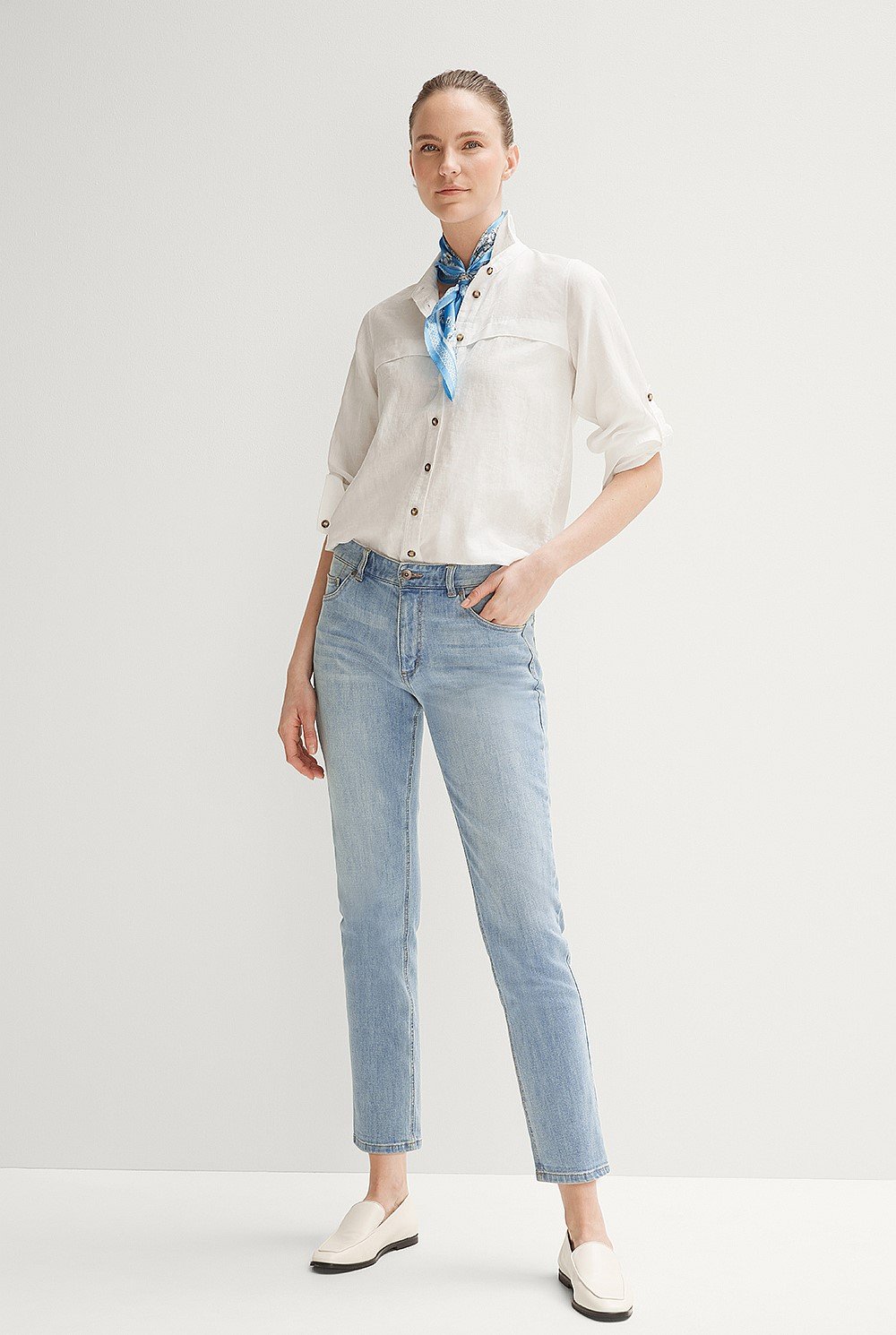 White Linen Tab Sleeve Shirt - WOMEN Shirts | Trenery