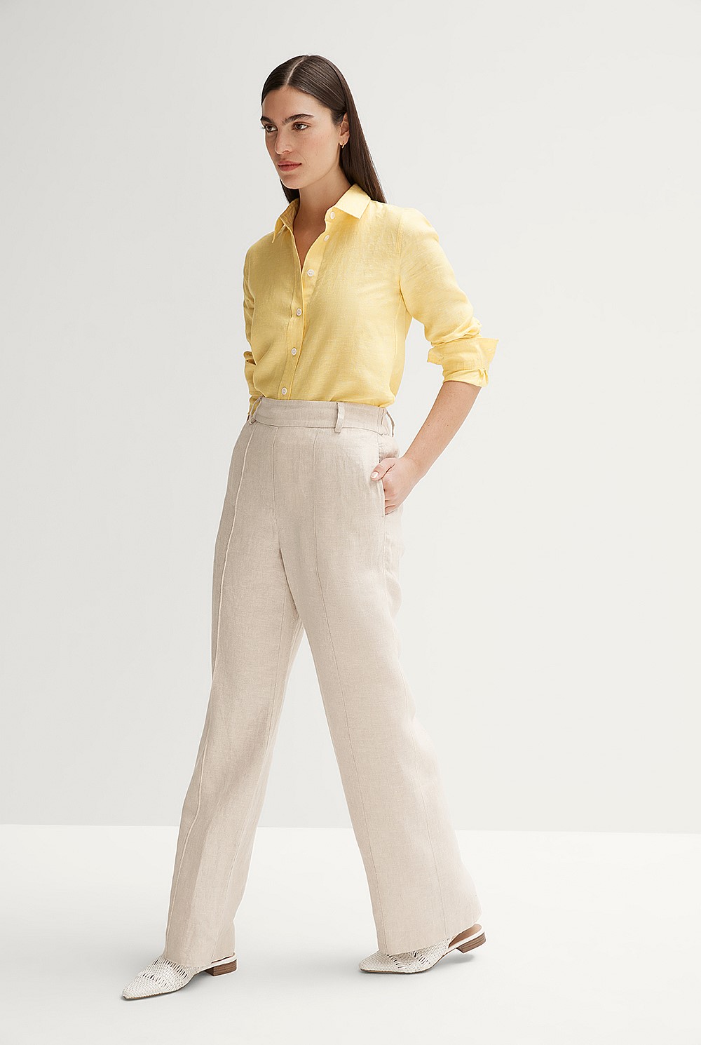 Yellow Linen Yarn Dyed Classic Shirt - WOMEN Shirts | Trenery