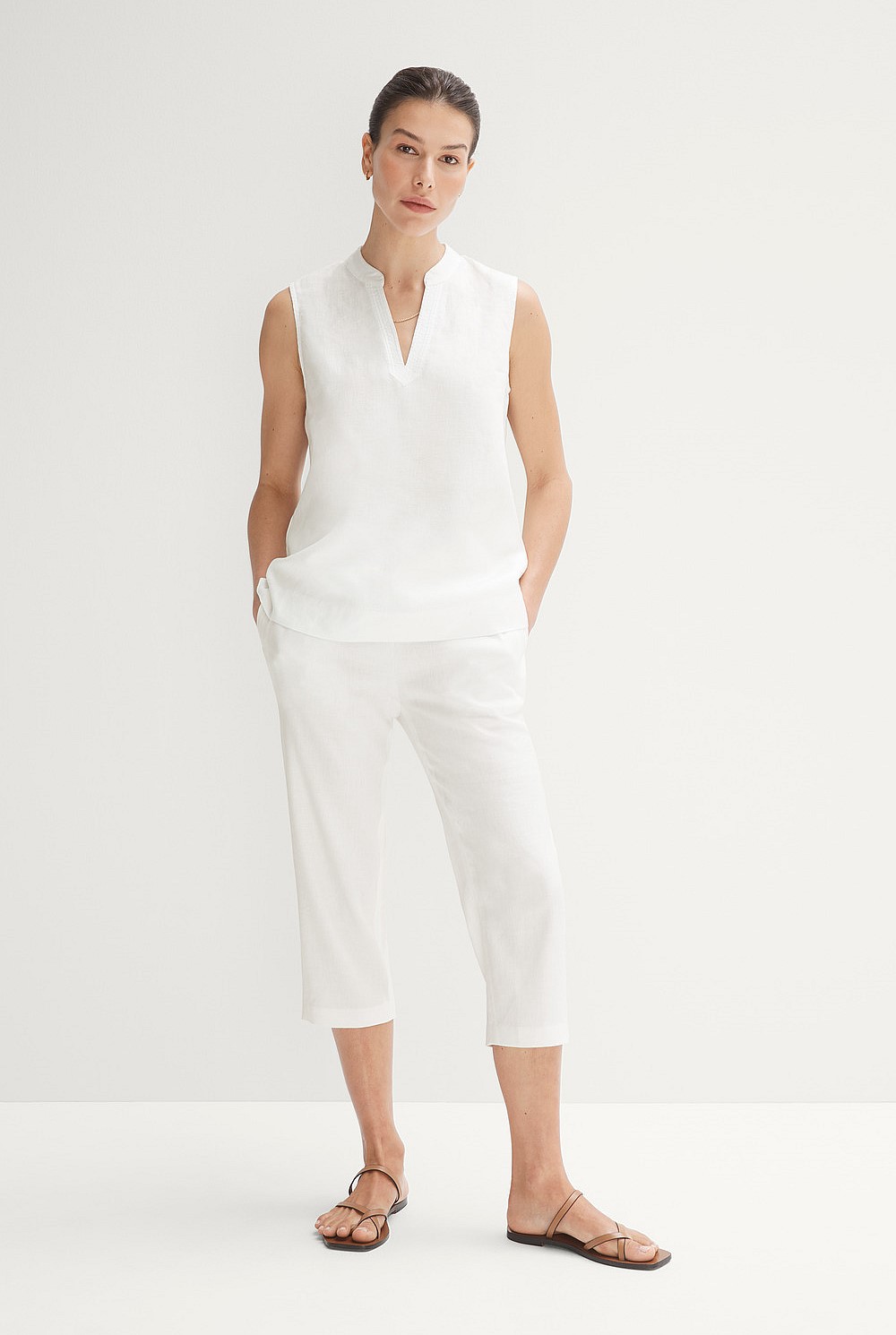 White Linen Vent Neck Tank - WOMEN Shirts | Trenery