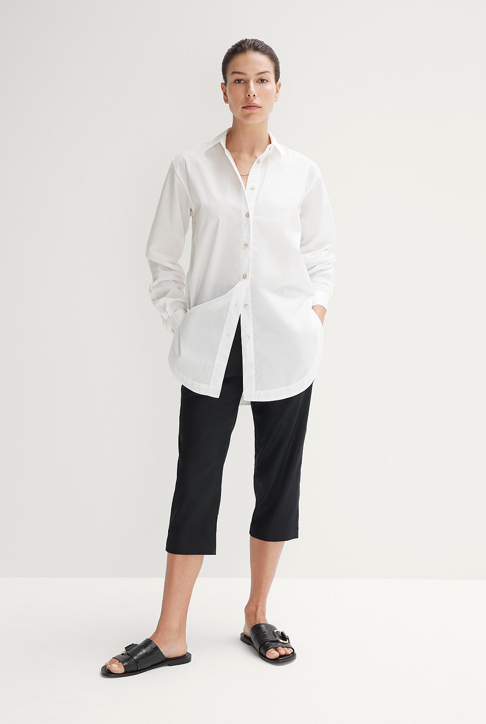 White Cotton Longline Shirt - WOMEN Shirts | Trenery