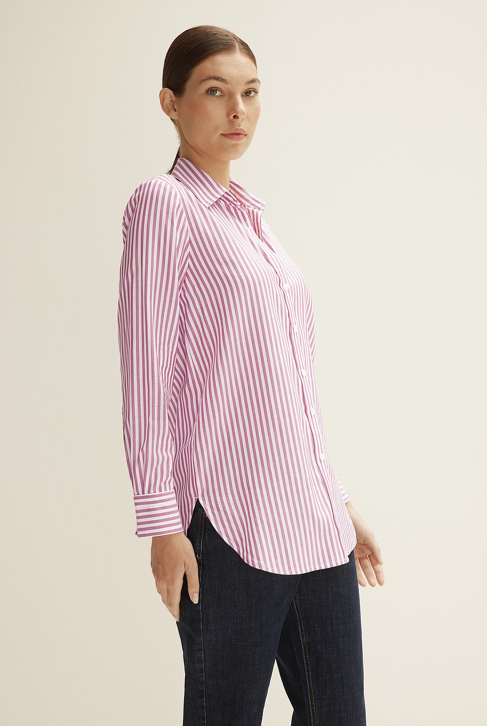 Magenta Cotton Modal Stripe Longline Shirt - WOMEN Shirts | Trenery