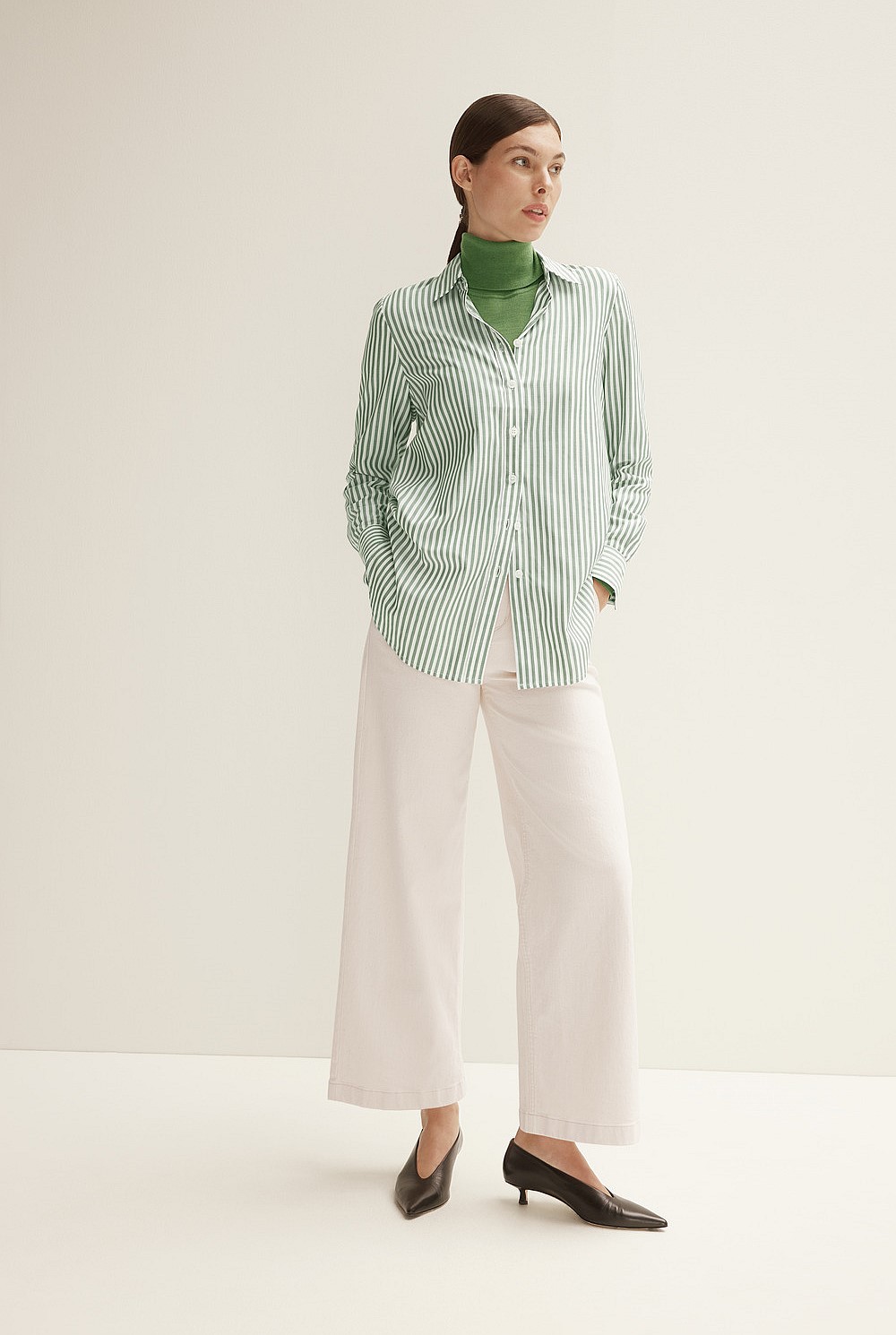 Woodland Green Cotton Modal Stripe Longline Shirt - WOMEN Shirts | Trenery