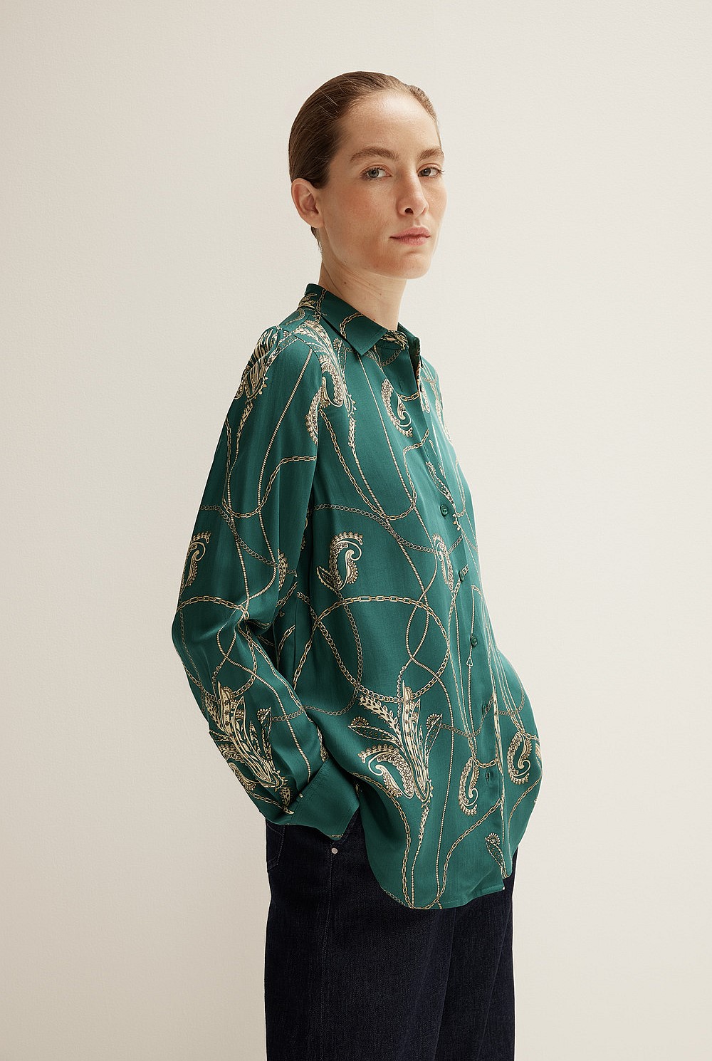 Deep Sea Green Modal Ornate Chain Shirt - WOMEN Shirts | Trenery